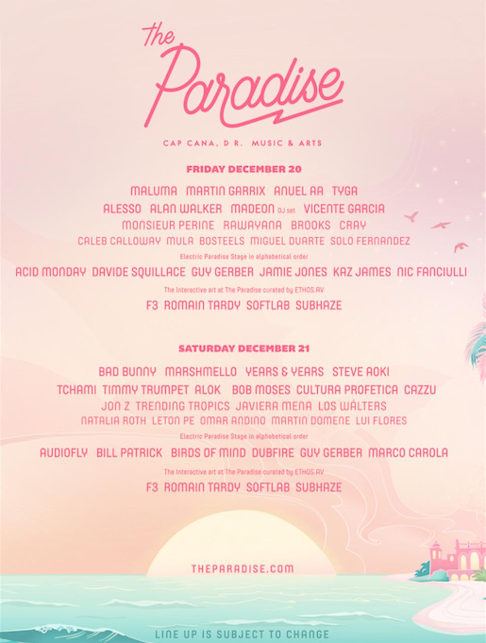Exclusive: The Paradise 2019 Lineup Including Bad Bunny And Marshmello ...