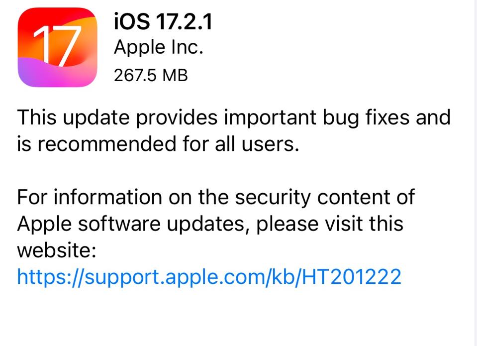 iOS 17.2.1—Apple Issues Surprise New Update For All iPhone Users